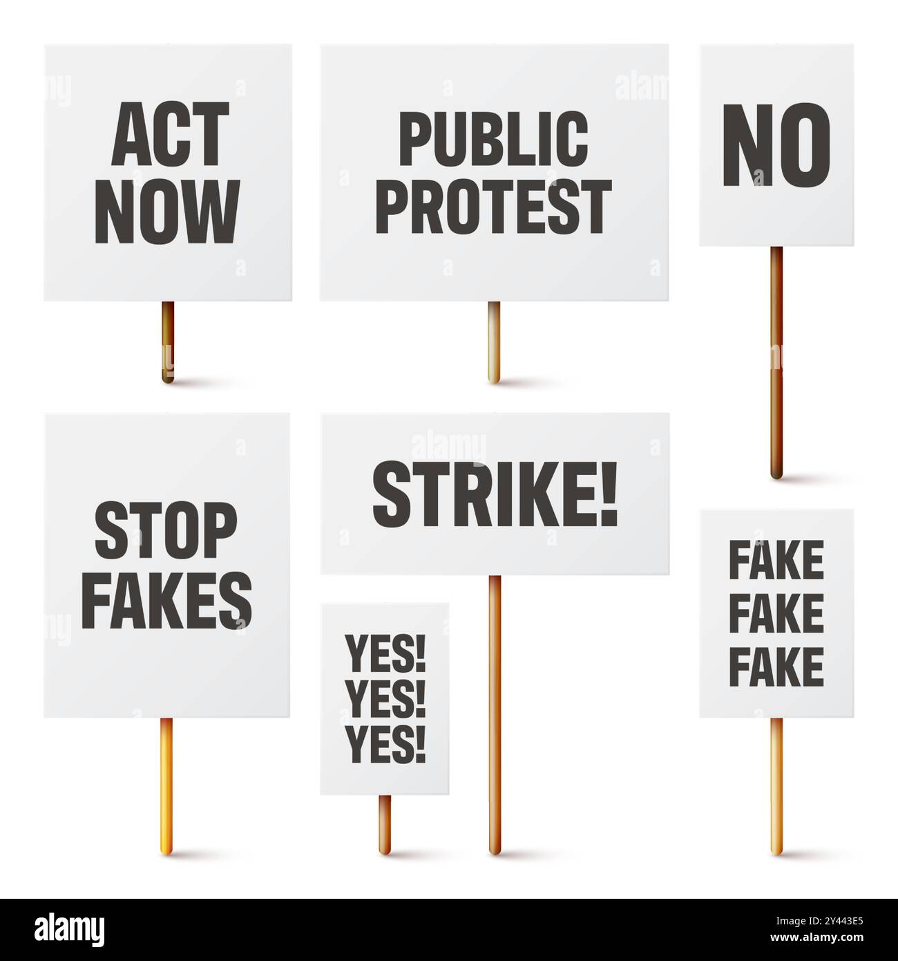 Blank white protest signs with text slogans on wooden holder. Various ...