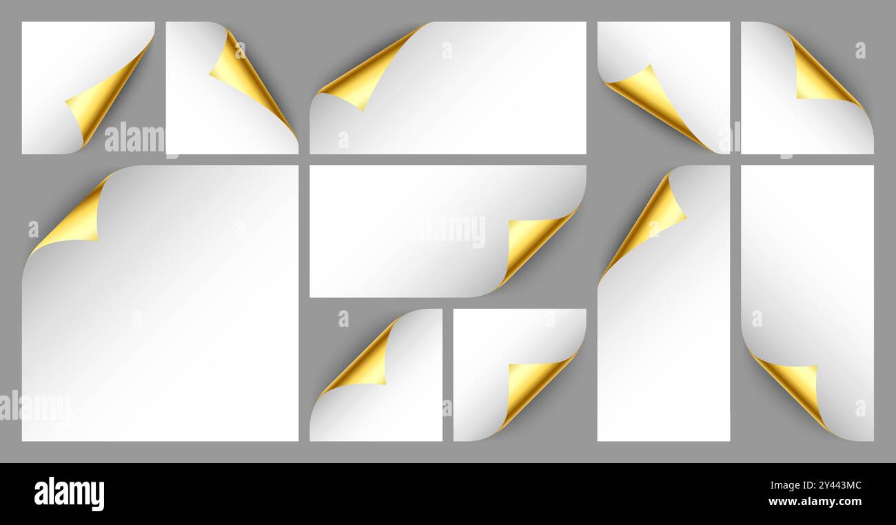 Realistic golden curled page corner set. Greeting card design element ...