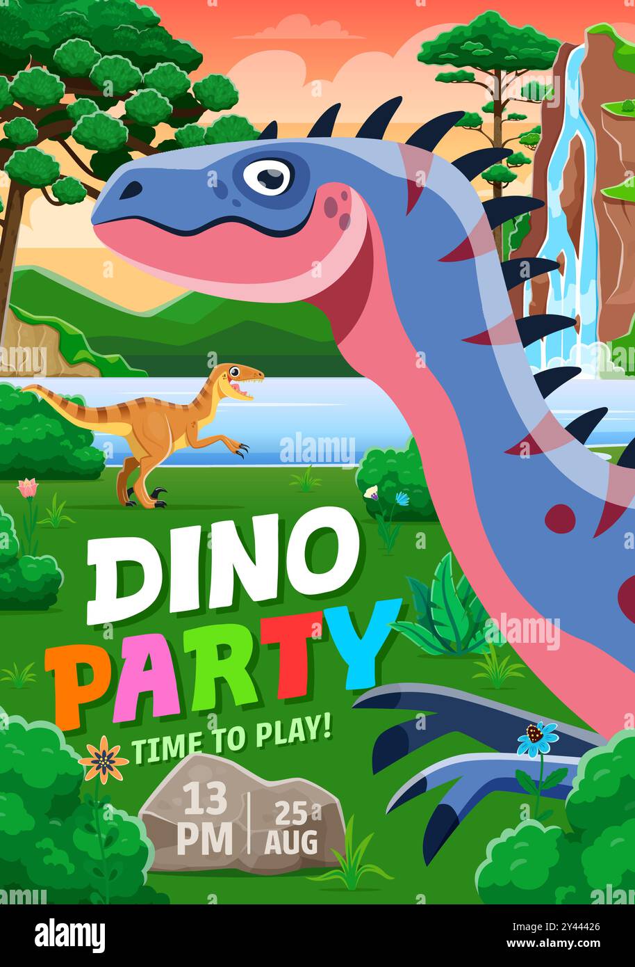 Kids party flyer with prehistoric cartoon dinosaurs. Vector dino-themed ...