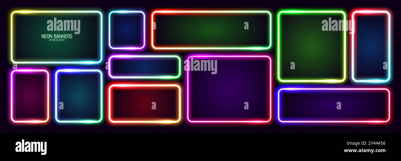 Colorful glowing neon banners, illuminated square frames. Shiny vibrant ...