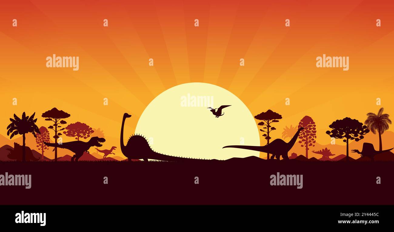 Prehistoric dinosaur silhouettes in sunset jungles landscape, vector ...