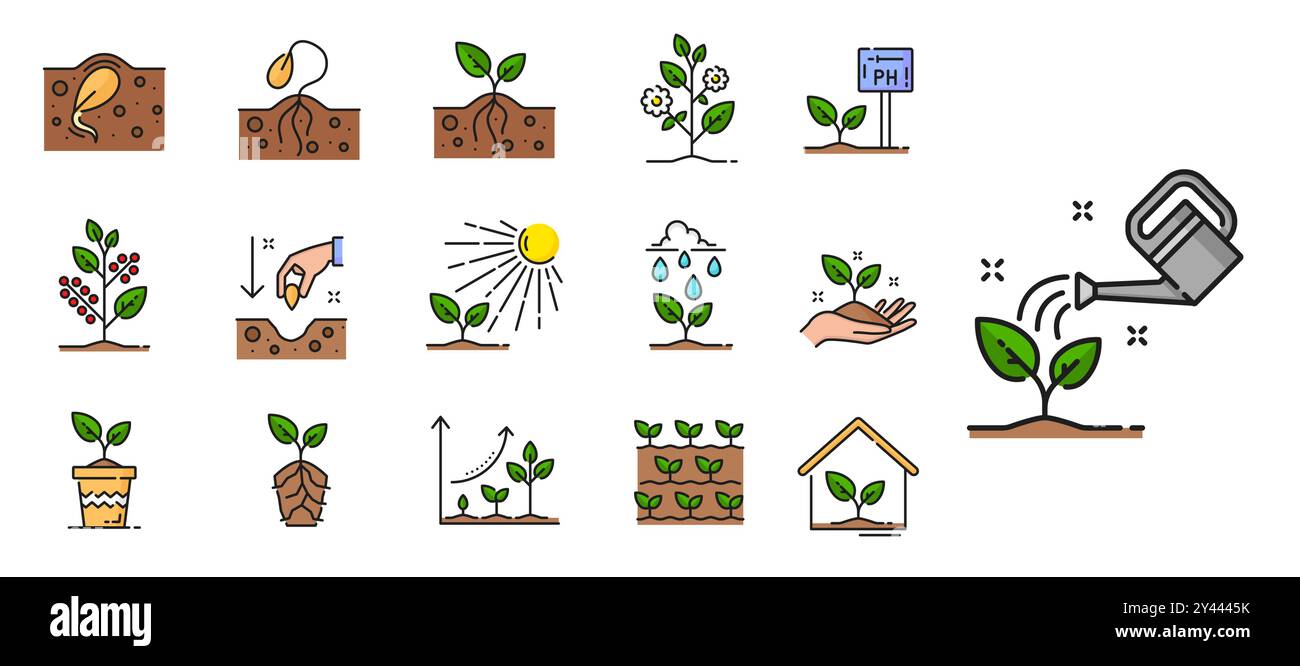 Plant sprout line icons, soil with seed, sprig and green leaves ...