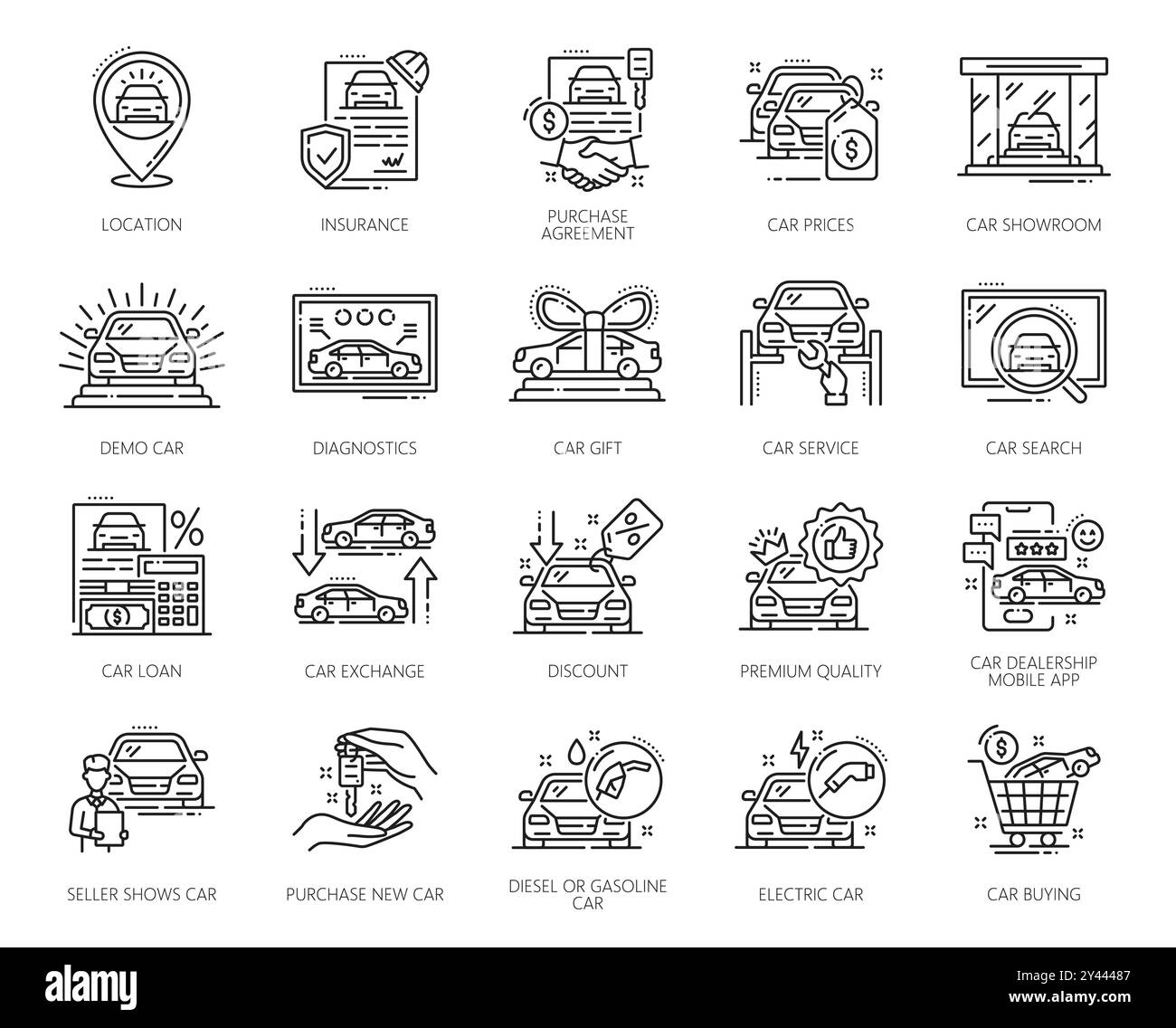 Dealership line icons of car auto dealer, automotive vehicle sale and ...