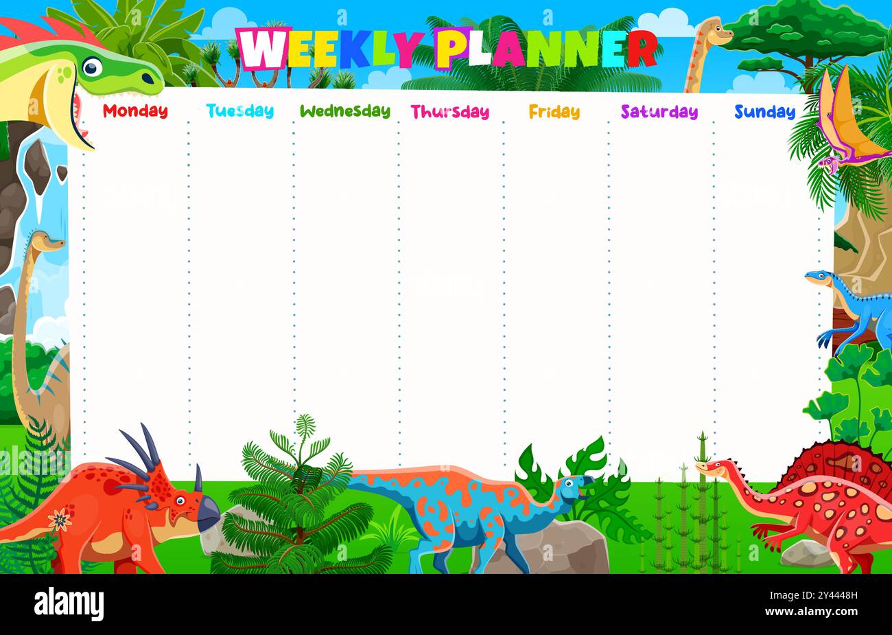 Weekly planner timetable schedule with funny dinosaur characters in ...