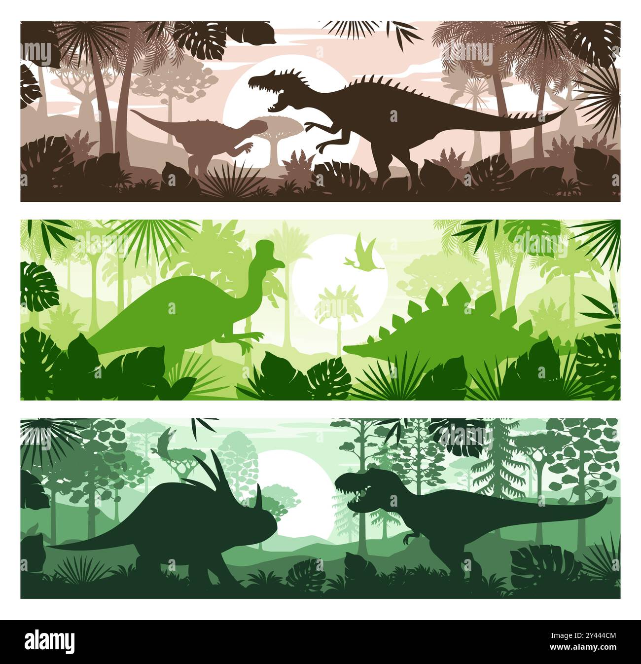 Prehistoric dinosaurs, landscape banners of jurassic forest nature and ...