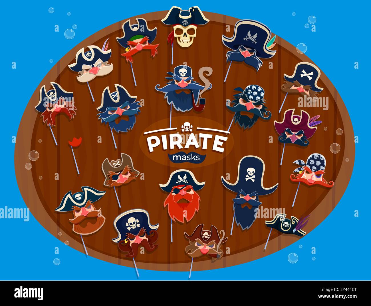 Pirate carnival and photo booth masks with vector hats, bandanas and beards. Cartoon face masks ...