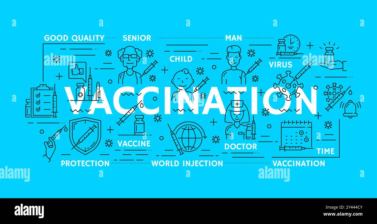 Vaccination line icons for healthcare, vaccine medicine and health ...