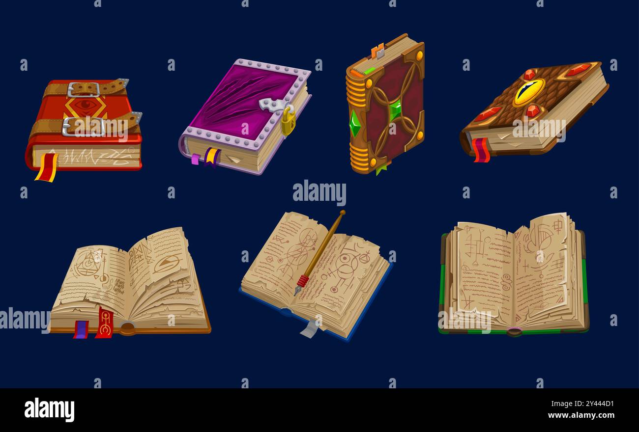 Ancient magic spell book, medieval game book icons, fantasy manuscript ...