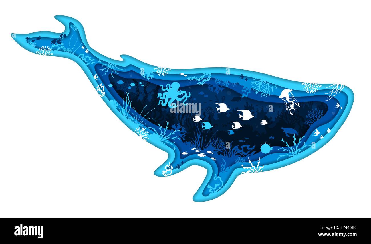 Paper cut whale silhouette with underwater landscape and undersea ...