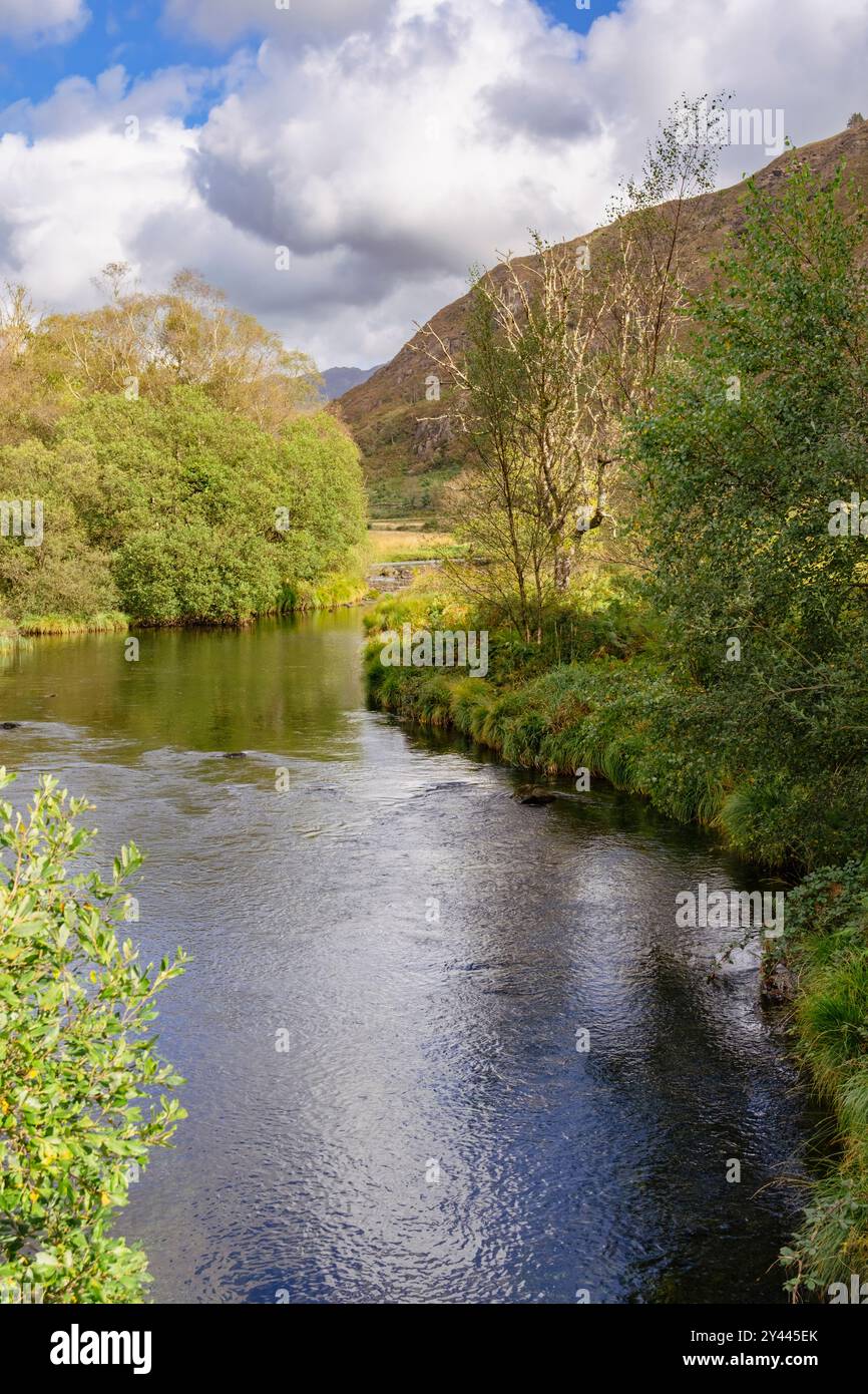 View up Afon Glaslyn River from Sygun bridge on Cambrian Way in ...