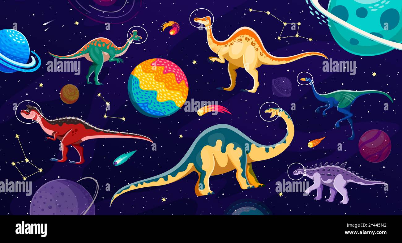 Dinosaur astronauts in outer space, surrounded by stars, planets ...