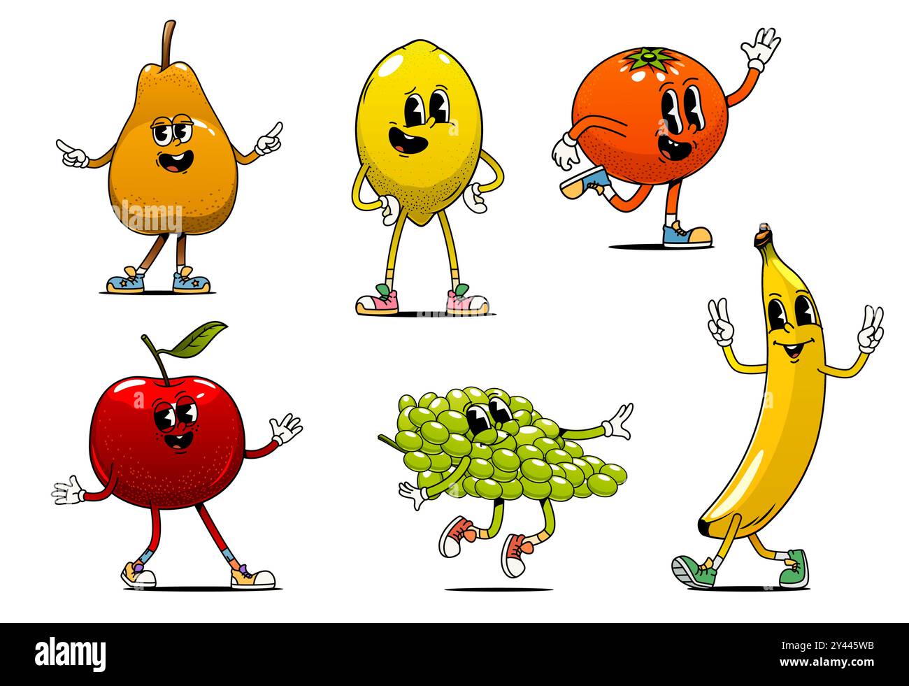 Cartoon groovy fruit characters in 70s or 80s retro funky art, vector comic personages. Cartoon ...