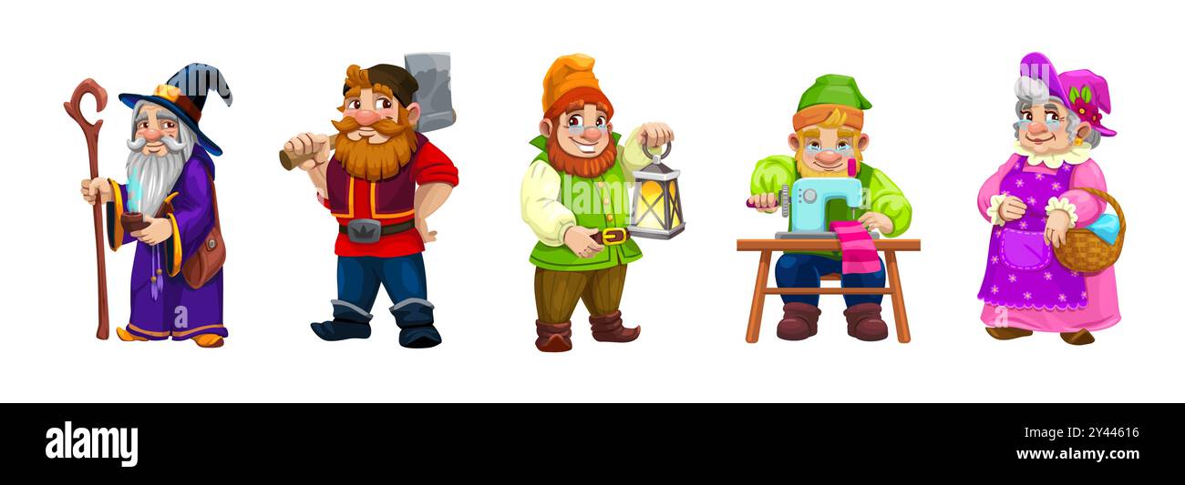 Cartoon gnome dwarf characters of miner, lumberjack and tailor, vector ...