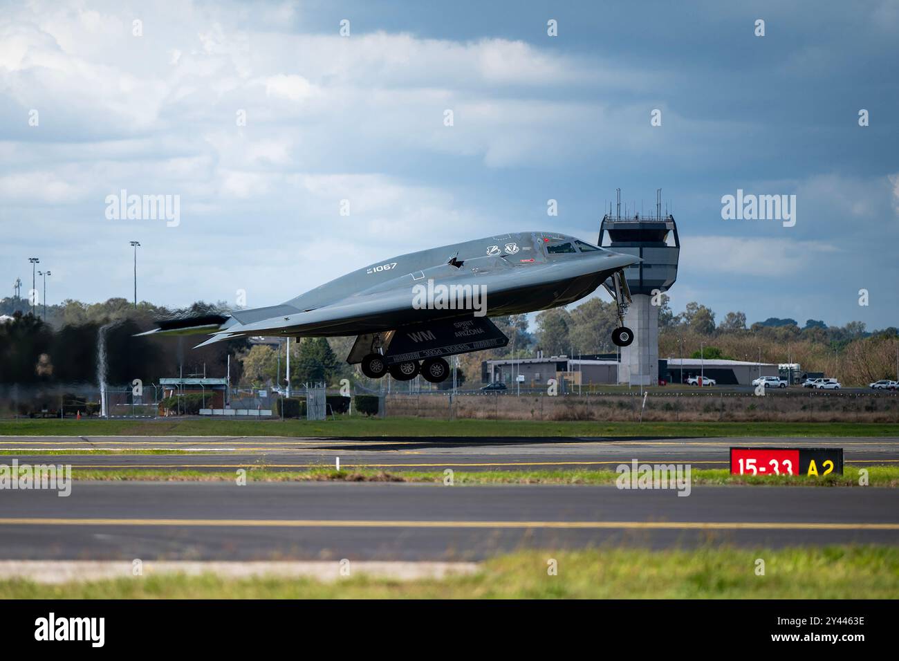 A U.S. Air Force B-2 Spirit stealth bomber takes off for a Bomber Task ...