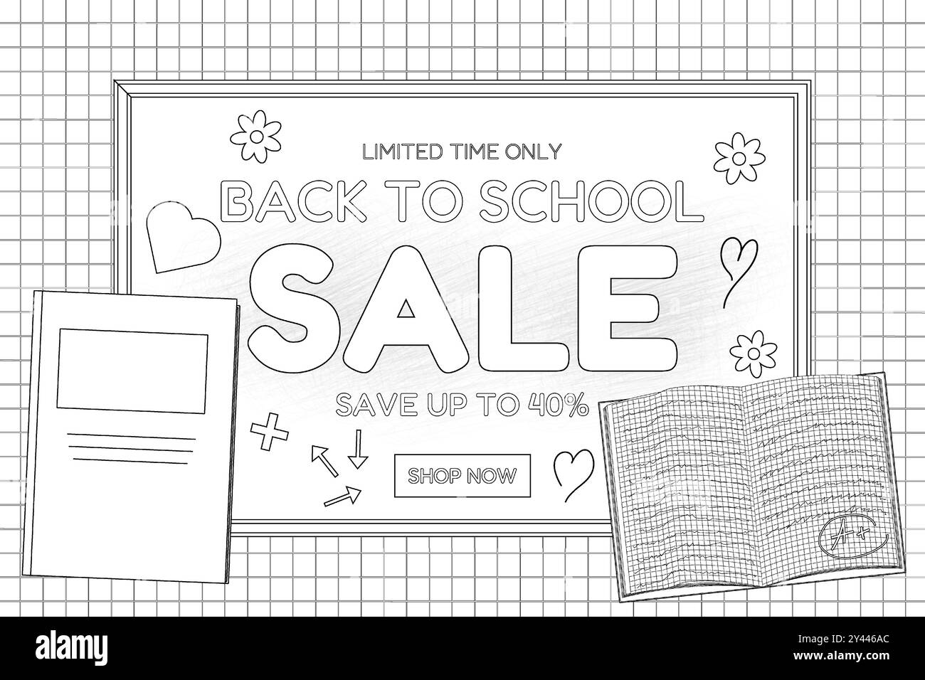 A fun black-and-white sale promotion featuring notebooks and signs ...