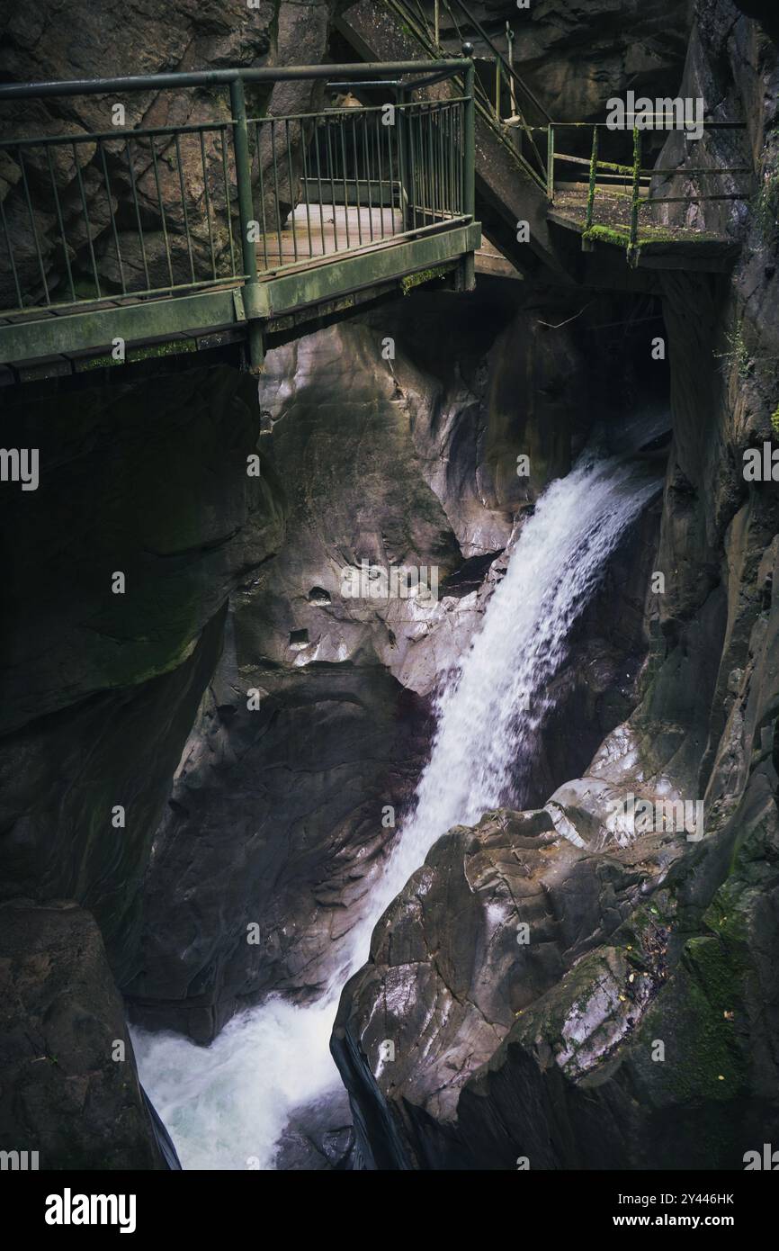 Waterfall below the mossy suspended walkway in a ravine Stock Photo - Alamy