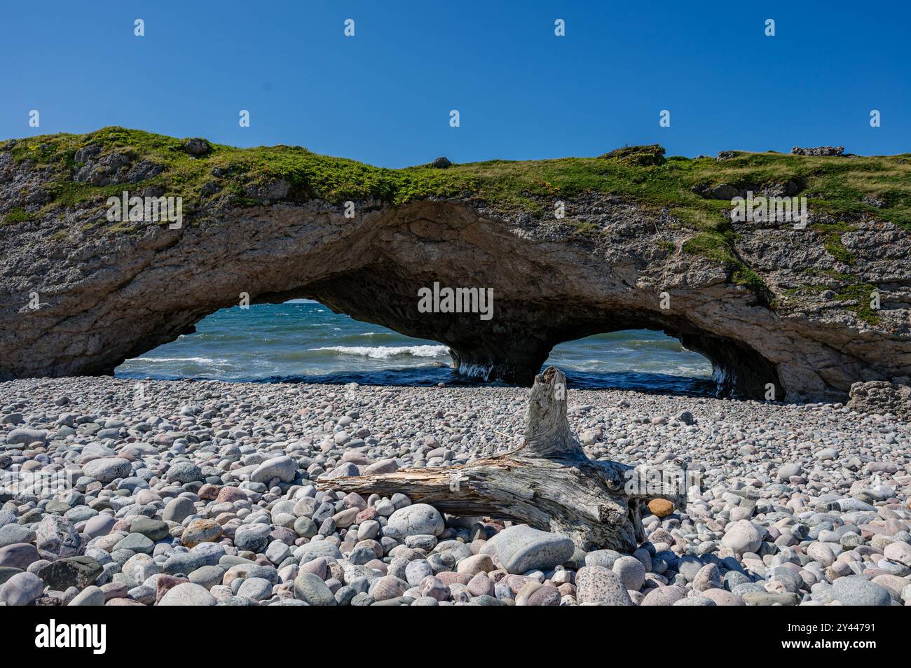 View of natural rock arches on beach in Newfoundland, Canada Stock ...