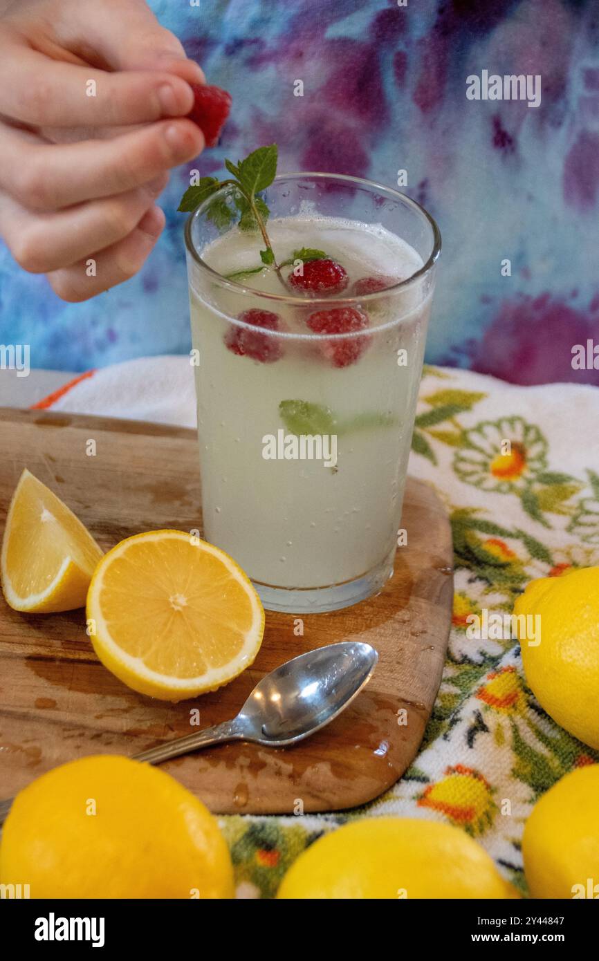 Hand holding a refreshing lemonade with raspberries and mint garnish Stock Photo - Alamy