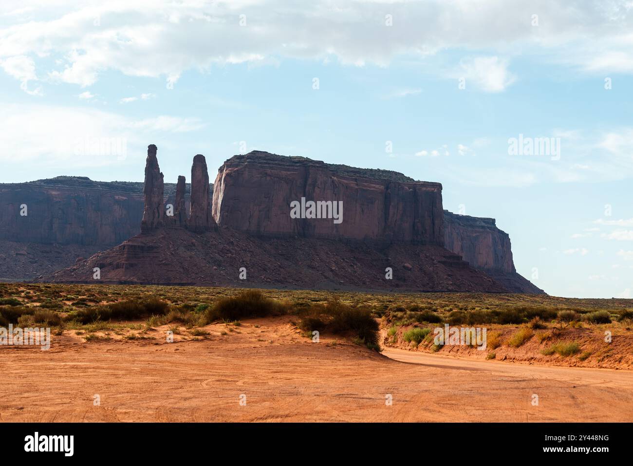 A distant view of the iconic Three Sisters rock in Monument Valley ...