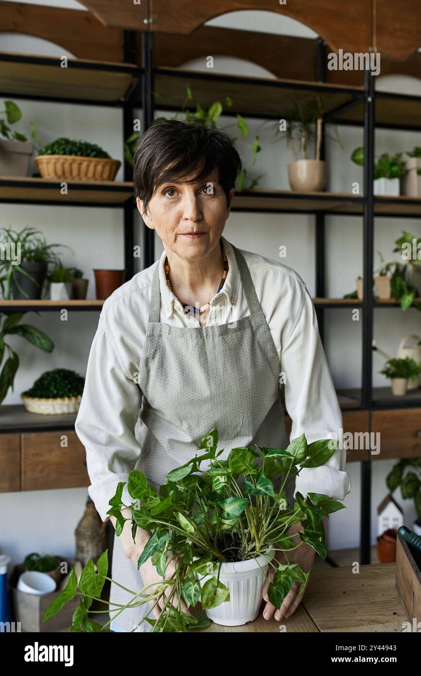 A mature woman tends to her vibrant plants with care and passion in her ...