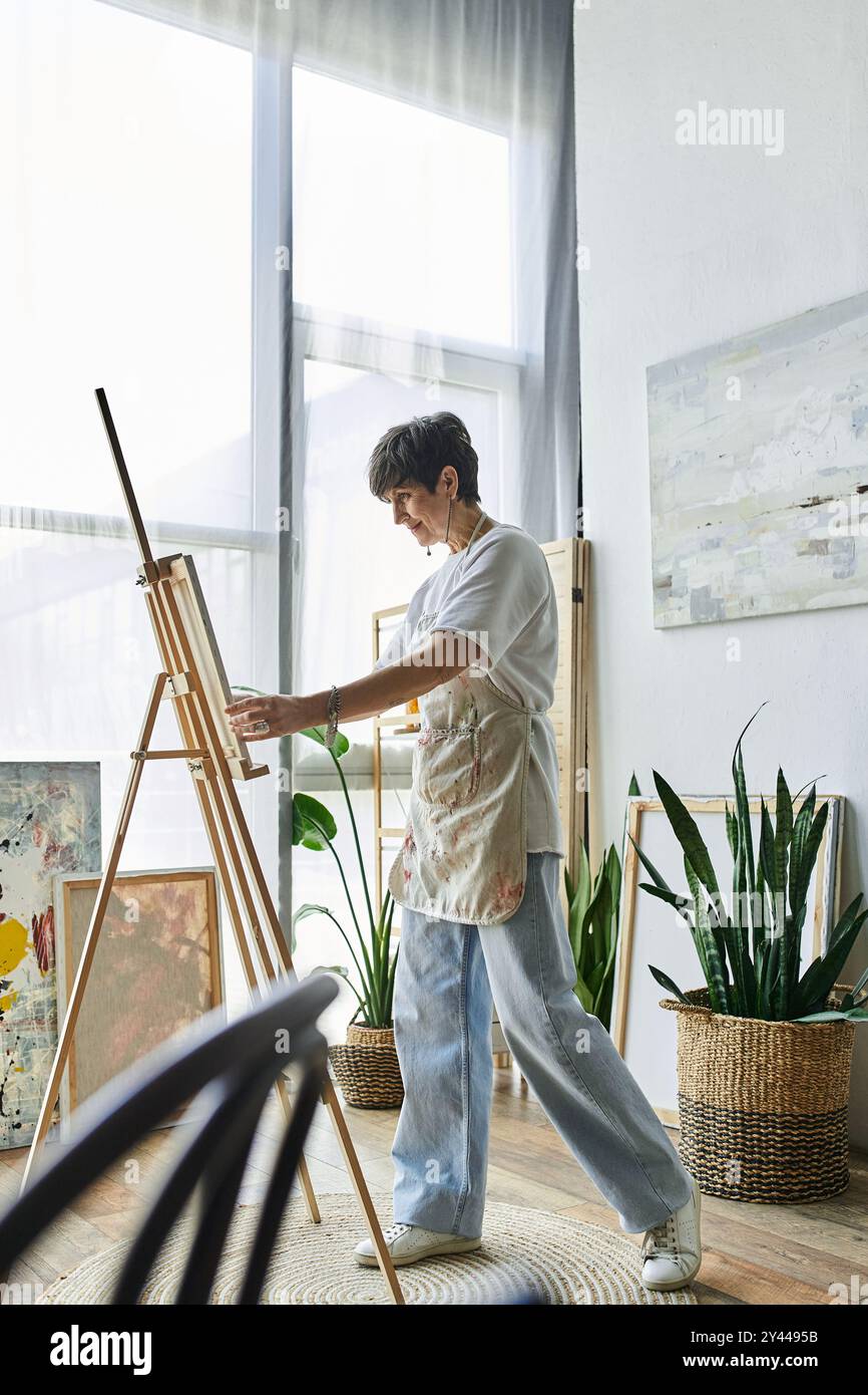 A talented woman passionately creates her artwork in a bright ...