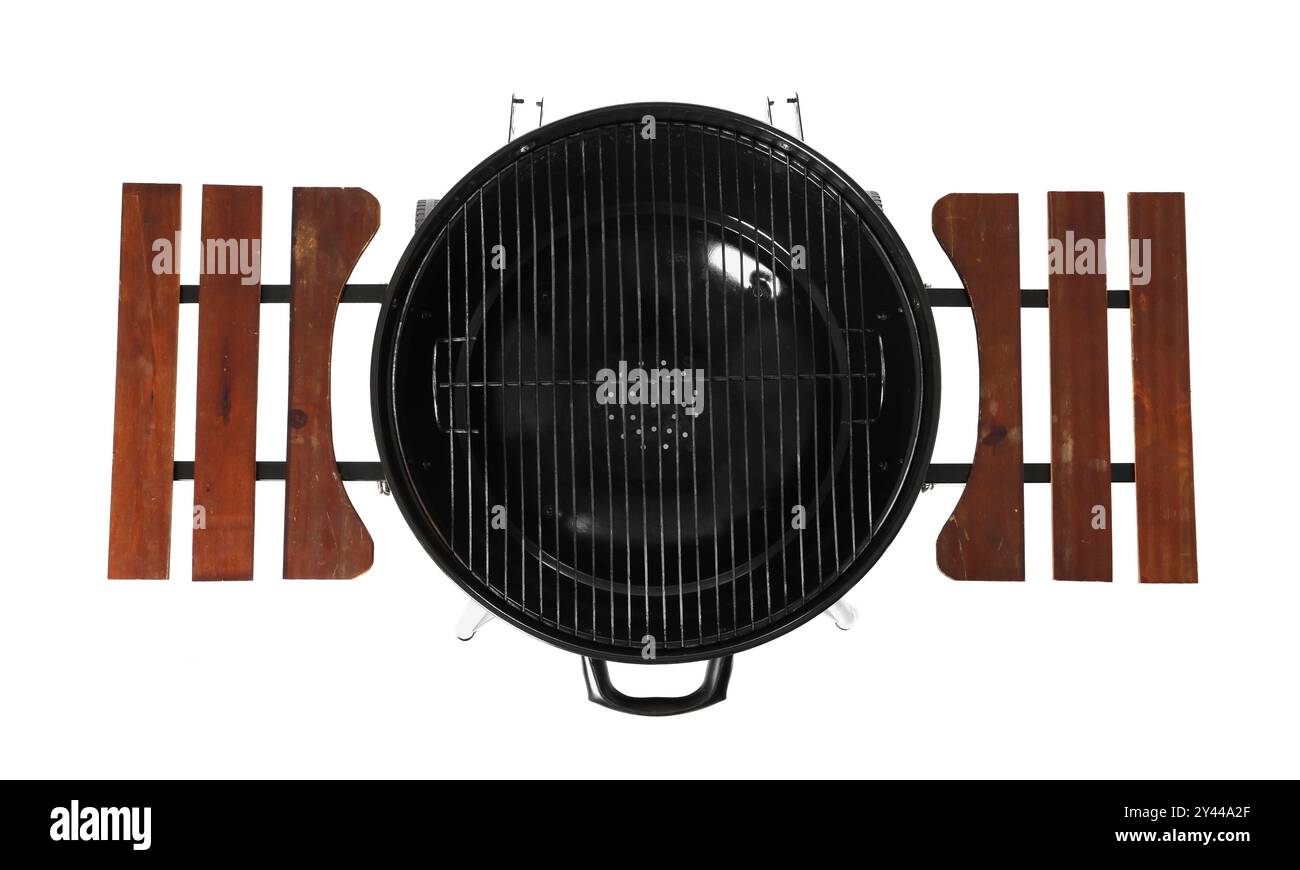 One black barbeque grill isolated on white, top view. Cooking appliance ...