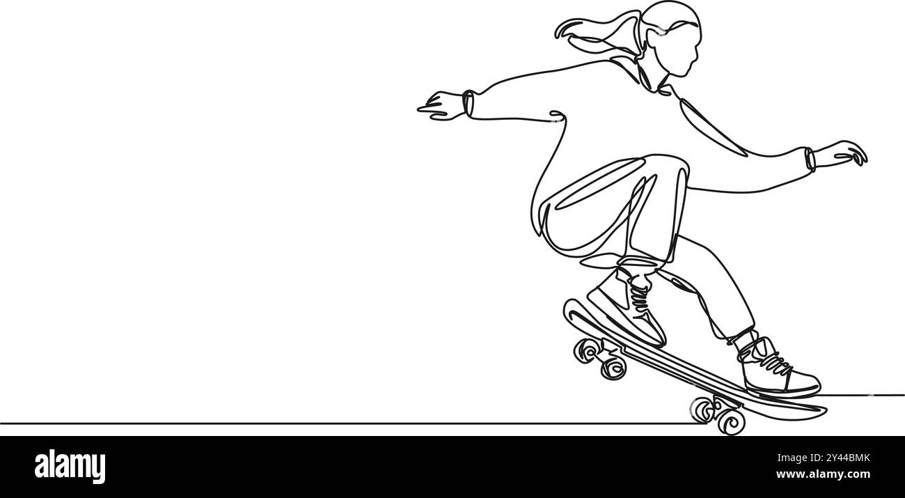 continuous single line drawing of female skater on skateboard, line art ...