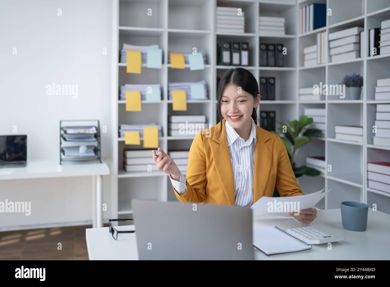 business woman using computer laptop meetings conference to plan a ...