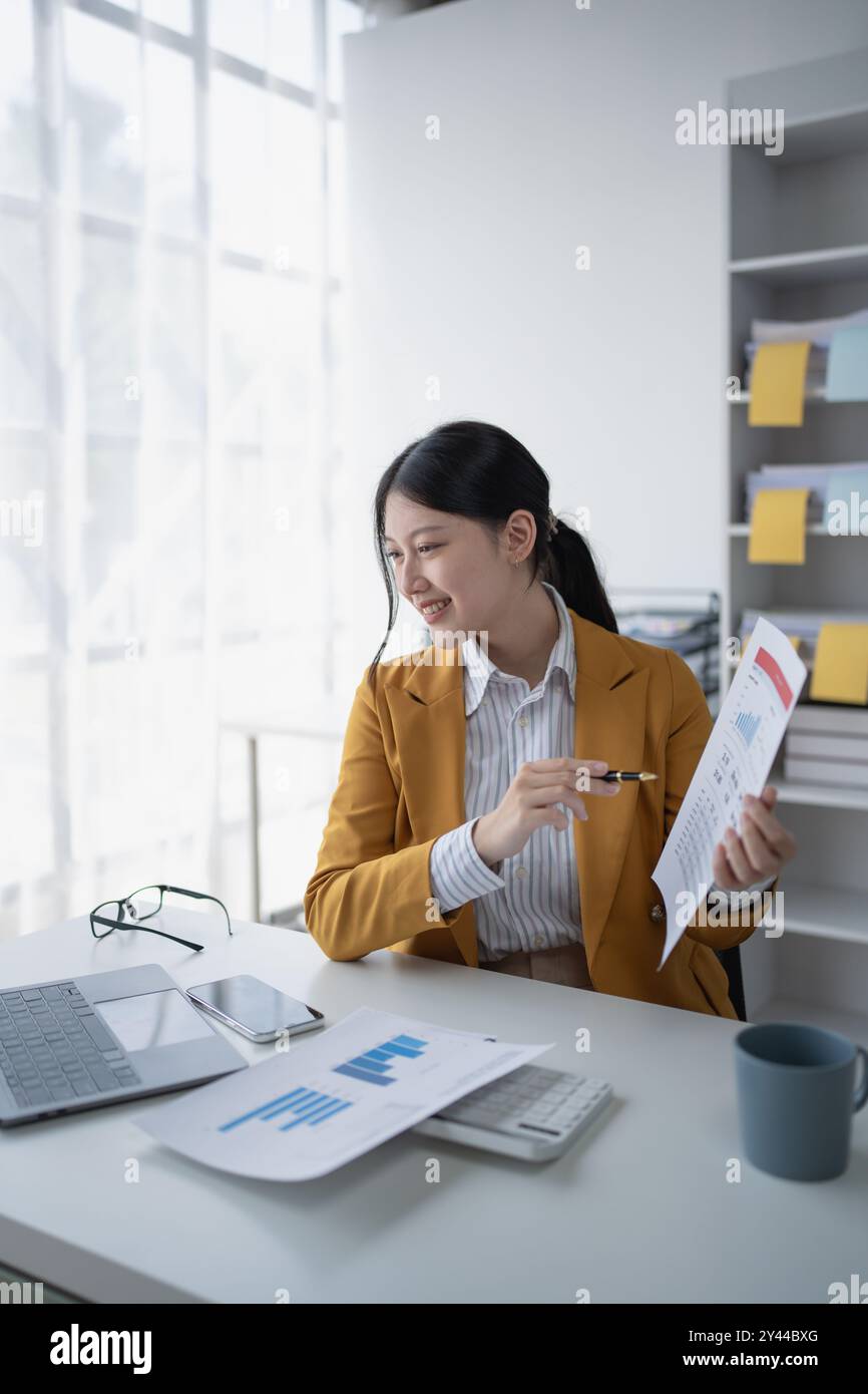 business woman using computer laptop meetings conference to plan a ...
