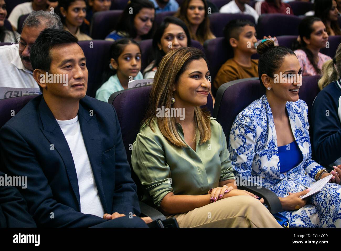 NEW DELHI, INDIA - SEPTEMBER 11: (L-R) Bhaichung Bhutia (Football), Heena Sidhu (Shooting), and ...