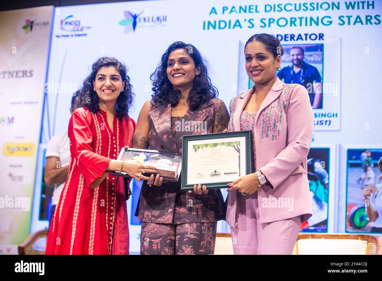 NEW DELHI, INDIA - SEPTEMBER 11: Aditi Chauhan (Women's Football) C) and Payal Kanodia ...