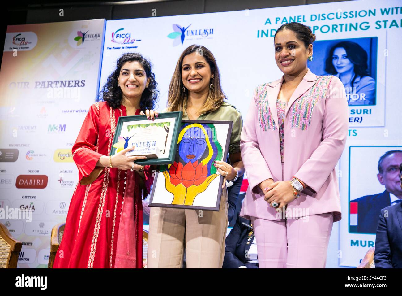 NEW DELHI, INDIA - SEPTEMBER 11: Heena Sidhu (C) (Shooting) with Payal Kanodia, (R) Chairperson ...