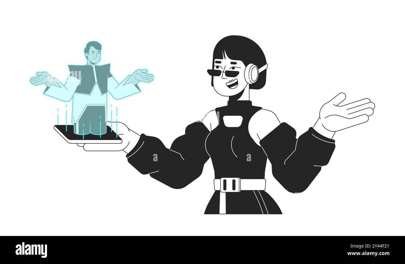 Futuristic woman talking to hologram man black and white 2D line ...