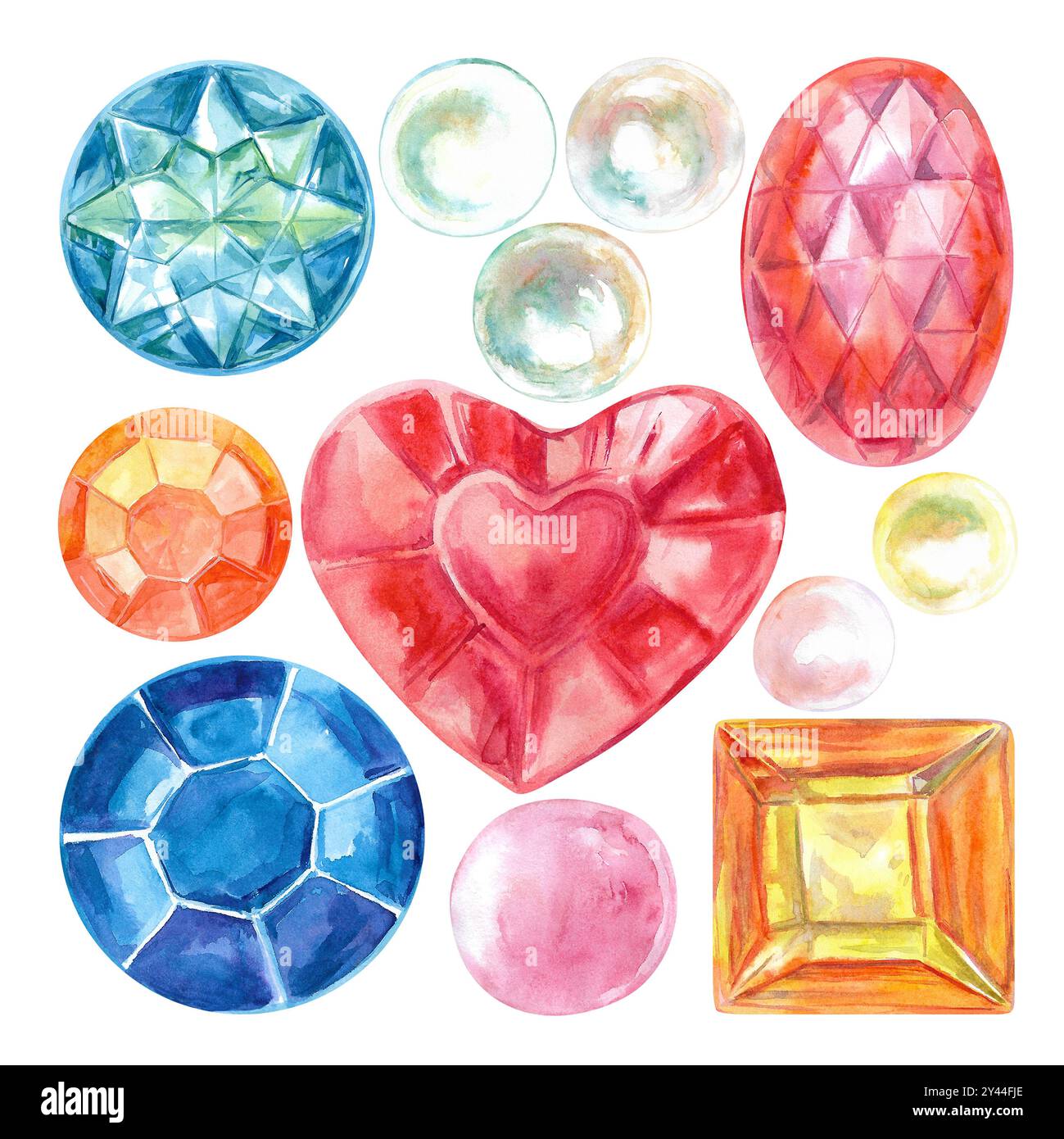 Gem set of different shapes with pearls hand drawn in watercolor ...