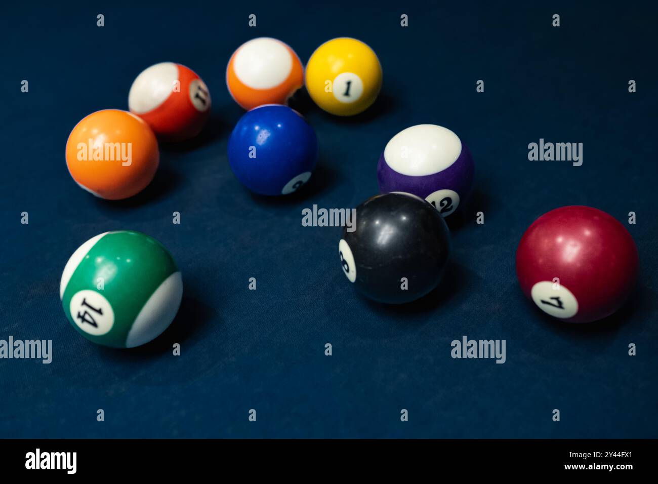 Pool balls in random order. Close-up of a billiard balls in different ...
