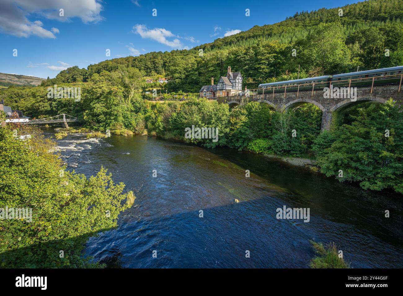 Berwyn station high above the Chainbridge over the river Dee as a ...