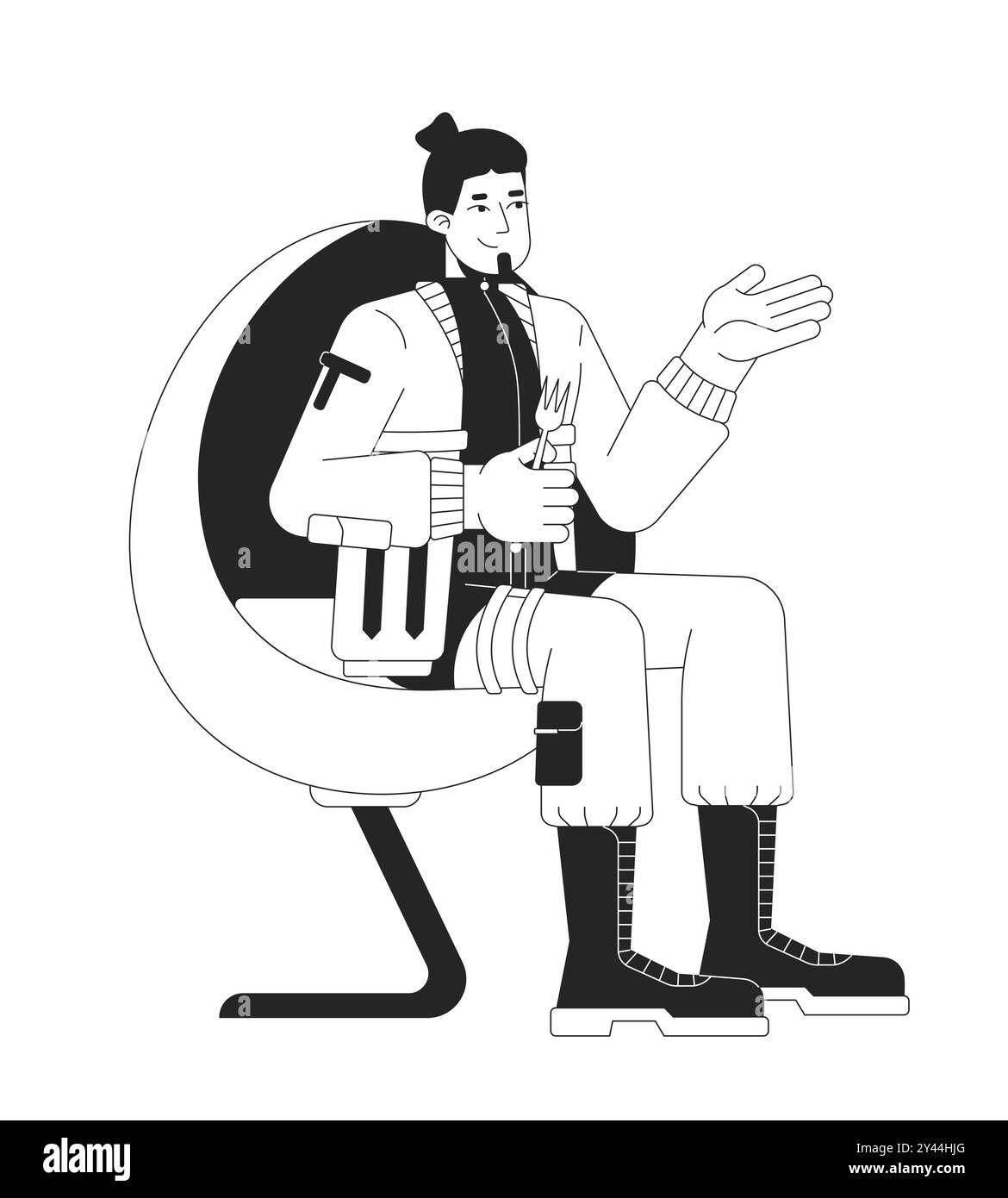 Armchair futuristic man fork holding black and white 2D line character ...
