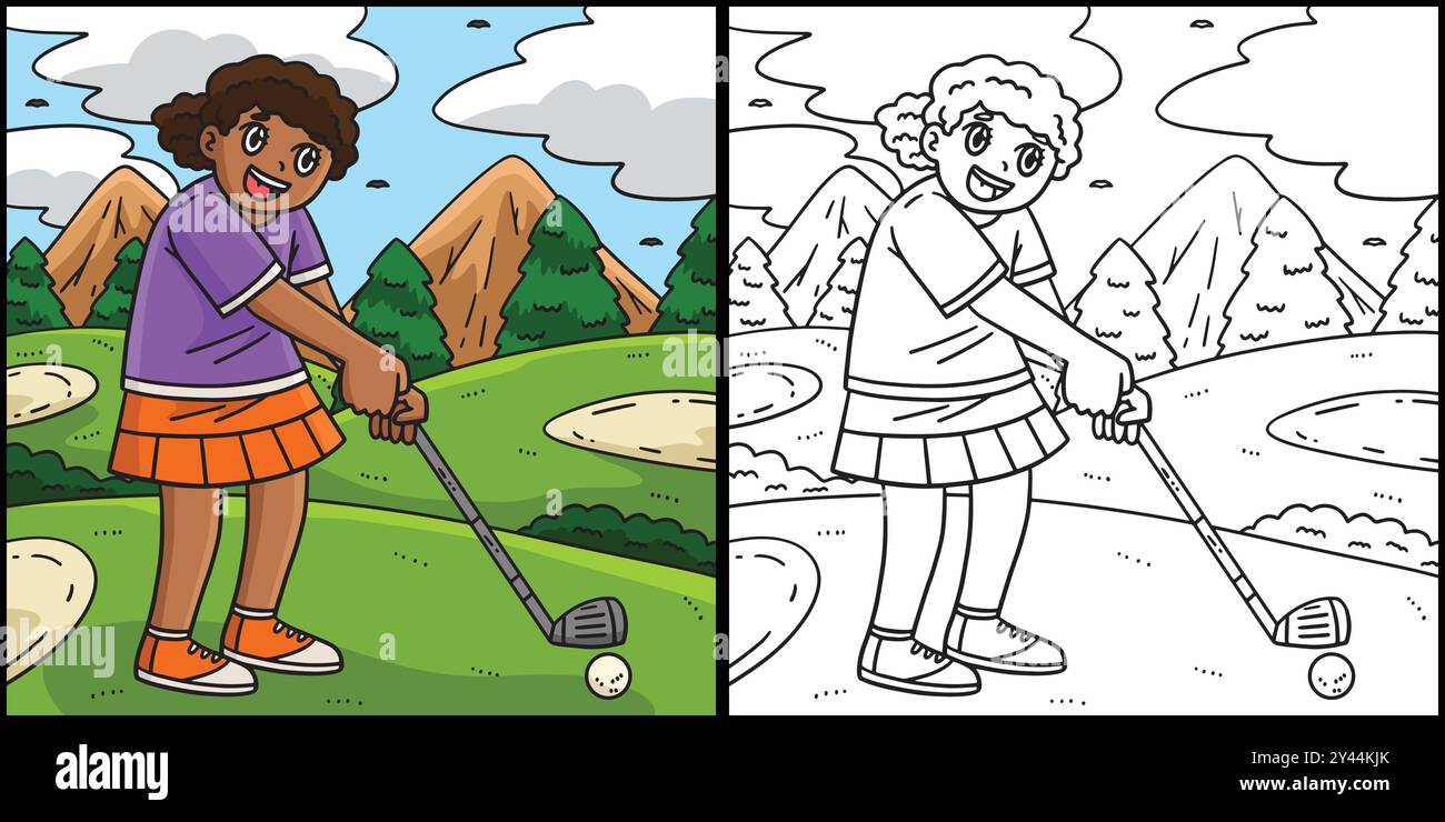 Golf Female Golfer Aiming Coloring Illustration Stock Vector Image ...