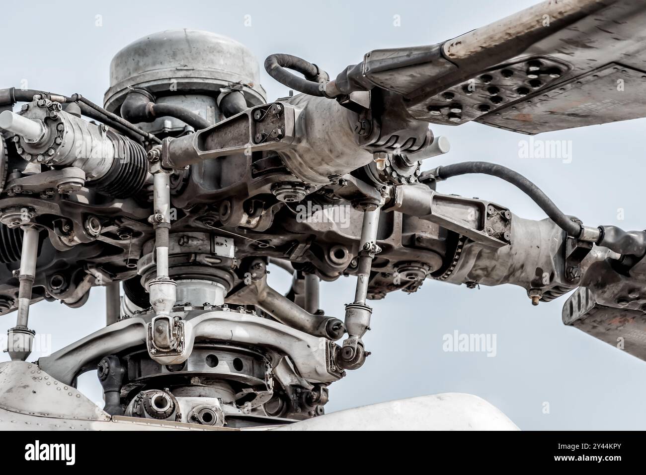 Close up view of a helicopter rotor head showing the mechanical detail ...