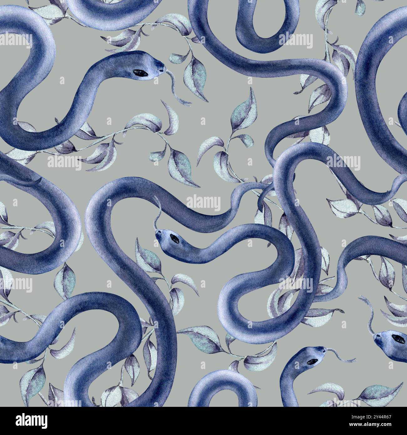 Seamless Pattern of dark blue snakes twist with gentle leaves ...