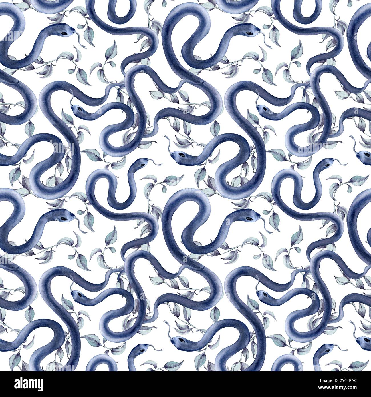 Seamless Pattern of dark blue snakes twist with gentle leaves ...