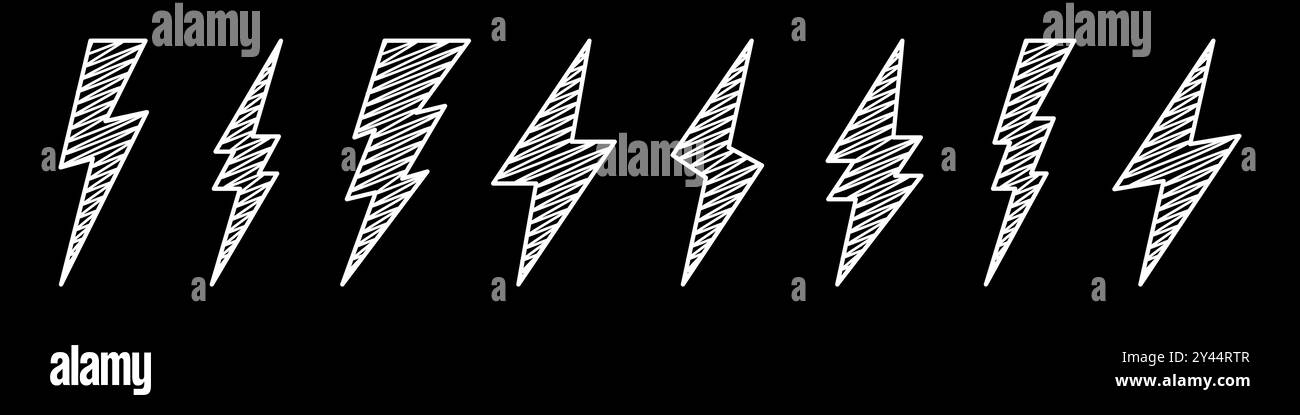 Hatched lightning bolt icons collection. Hand drawn flash symbol ...