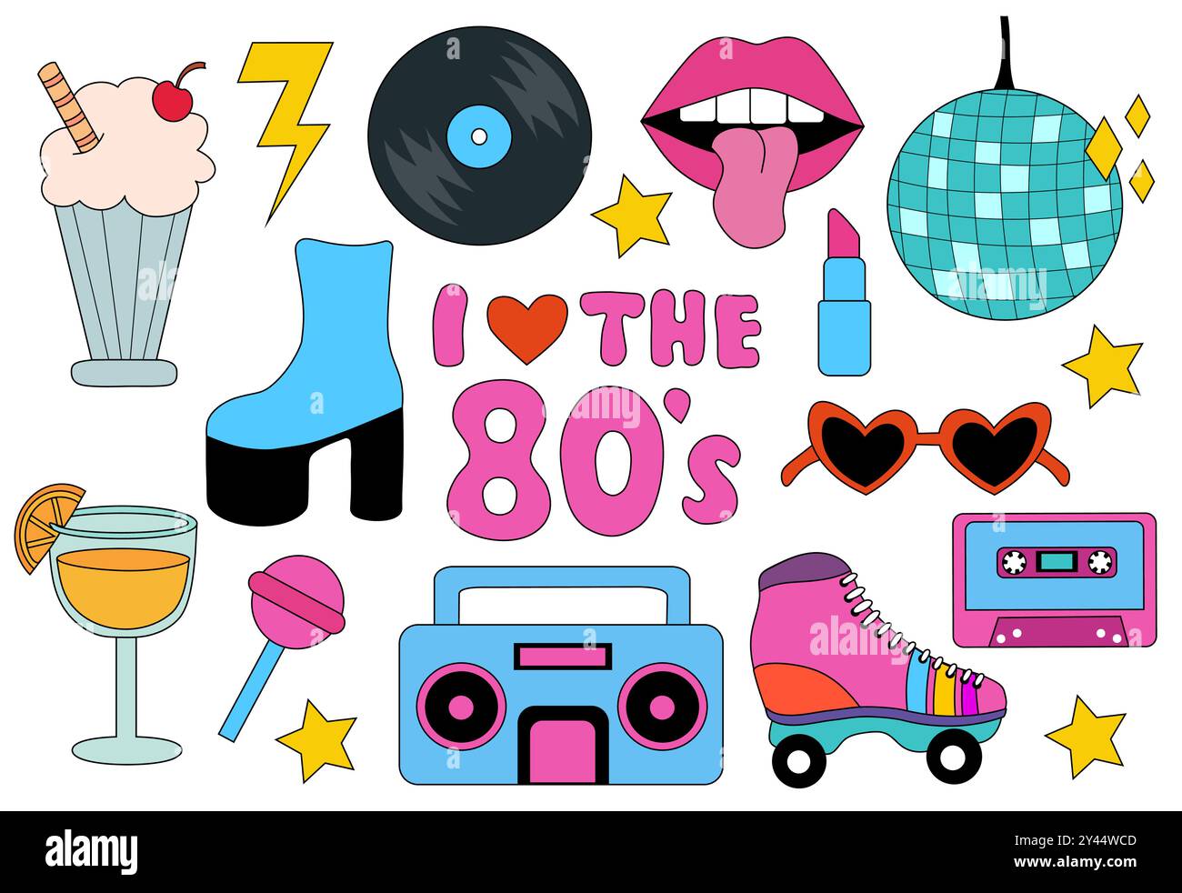 Set of 80s retro elements. Vintage audio player, cassette, music record, disco ball, milkshake ...