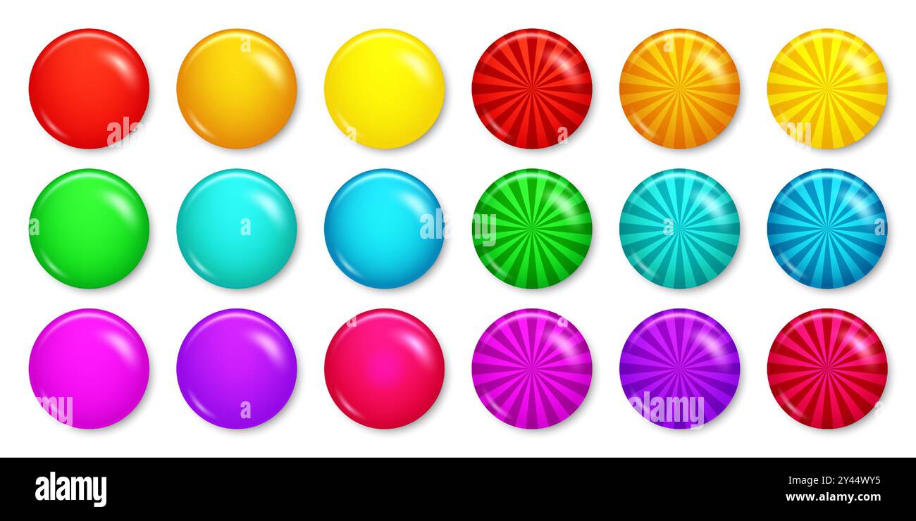 Realistic colorful funky badges. Sunburst effect. Glossy 3D round ...