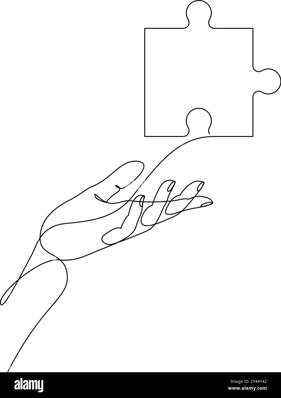 Continuous one line drawing of human hand holding puzzle. Puzzle game symbol on palm hand ...