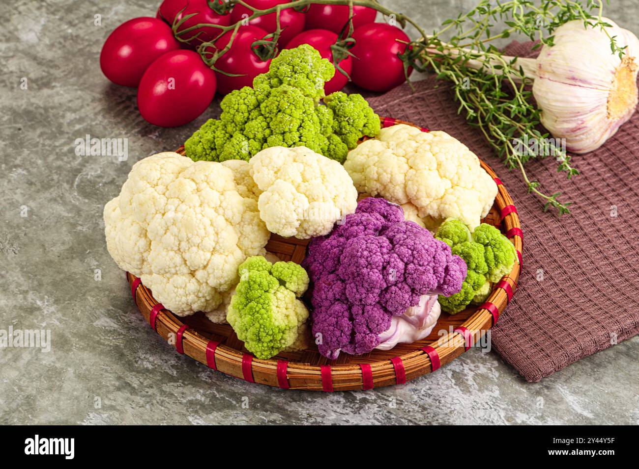 Raw cauliflower different colors heap served leaf Stock Photo - Alamy