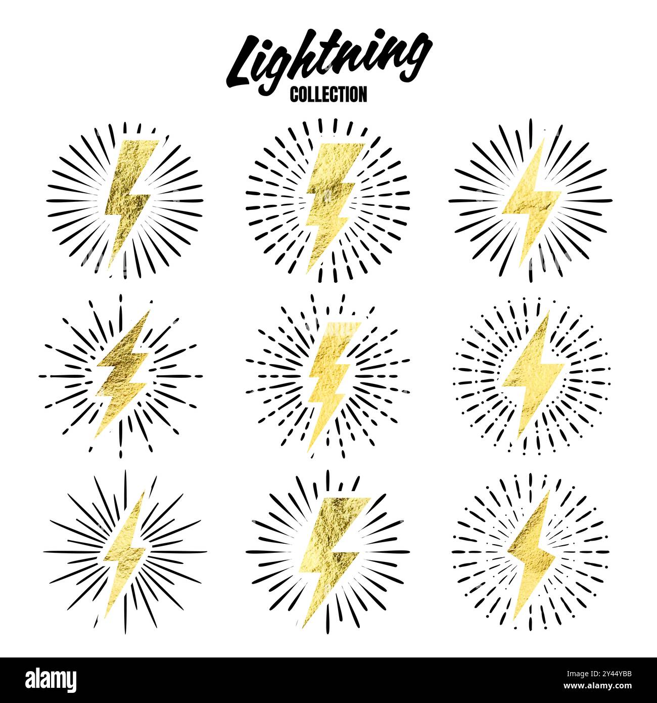 Set of vintage golden lightning bolts and sun rays. Gold foil texture ...