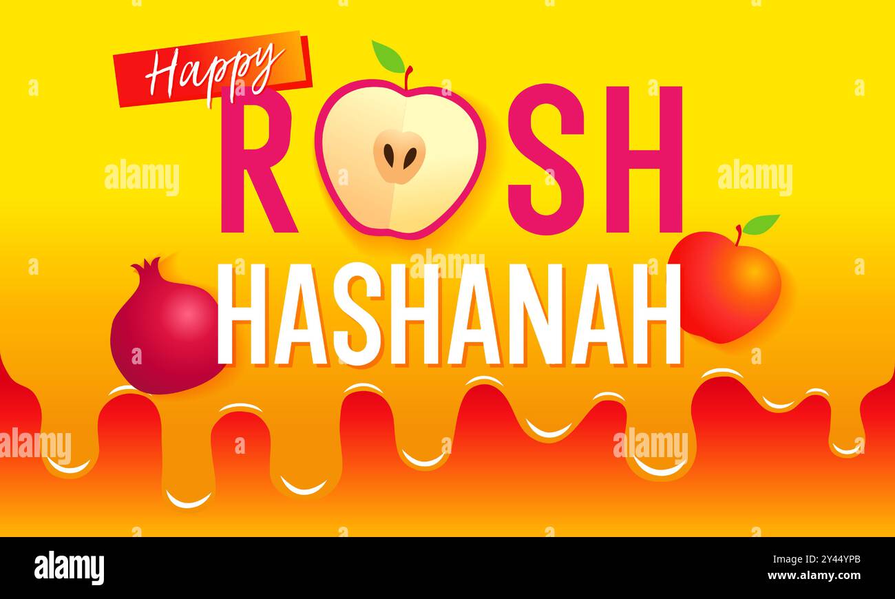 Happy Rosh Hashanah vector design with typography pomegranate apple and ...
