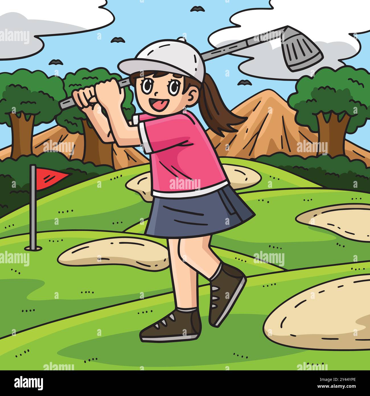 Golf Female Golfer Hitting Ball Colored Cartoon Stock Vector Image ...