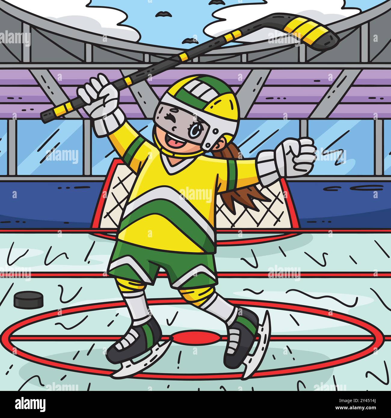 Ice Hockey Female Player Jumping Colored Cartoon Stock Vector Image ...